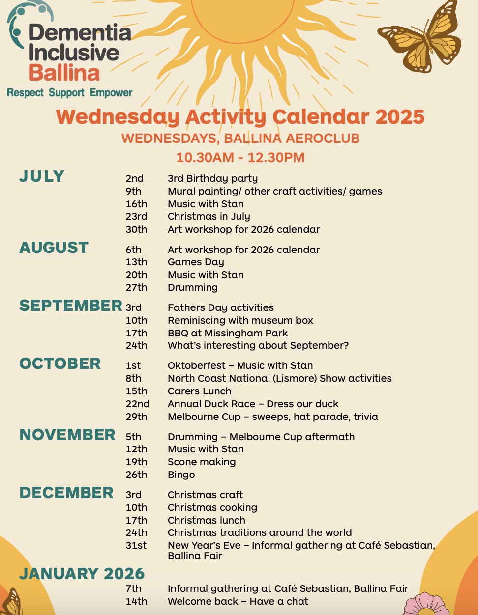 Wednesday Activities July– December 2025 - Dementia Inclusive Ballina